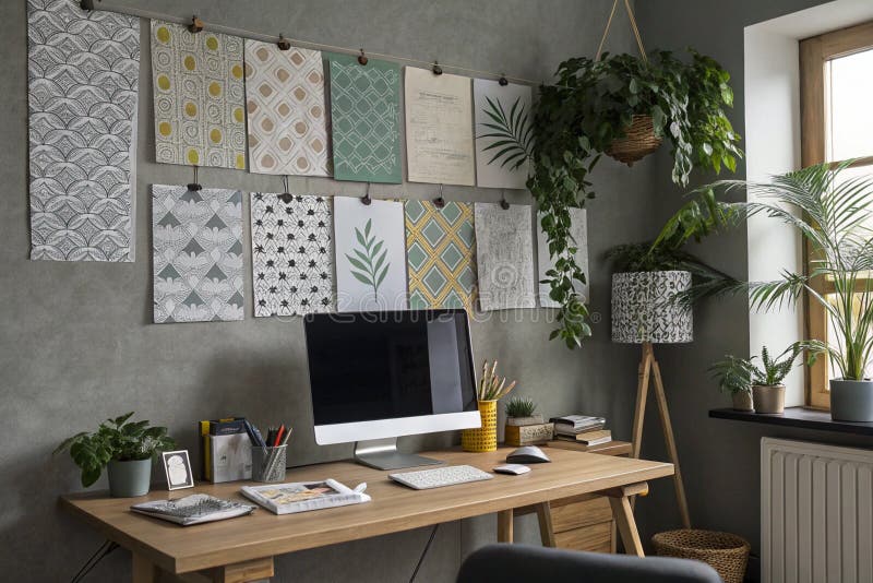 Patterned Posters Above Desk with Computer in Grey Office Stock ...