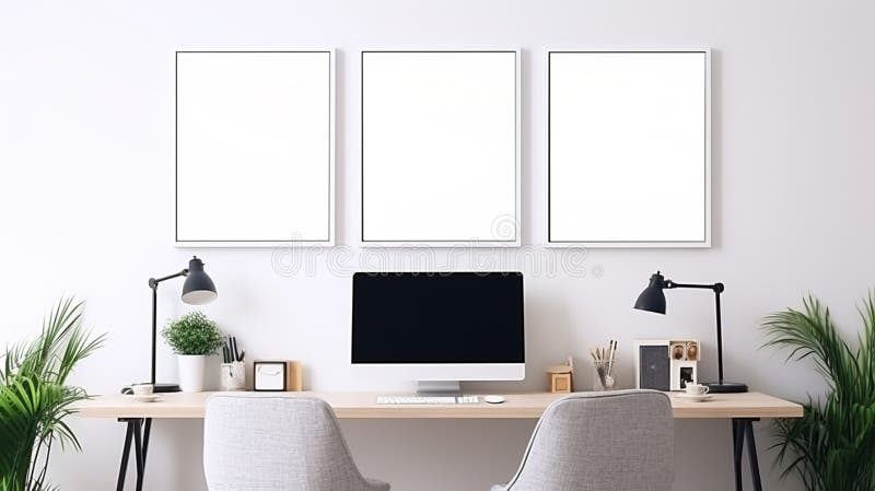 Patterned Posters Above Desk with Computer Monitor. Generative Ai Stock ...