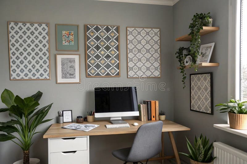 Patterned Posters Above Desk in Grey Home Office Stock Photo - Image of ...
