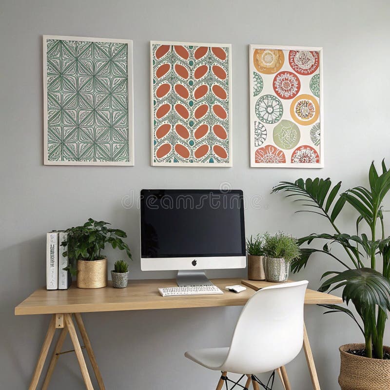 Patterned Posters Above Desk in Grey Home Office Stock Image - Image of ...