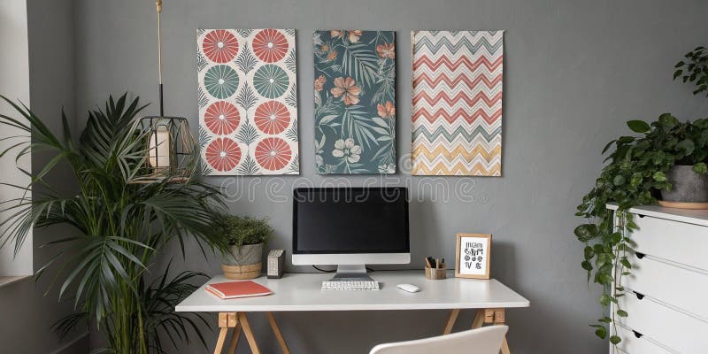 Patterned Posters Above Desk in Grey Home Office Stock Photo - Image of ...