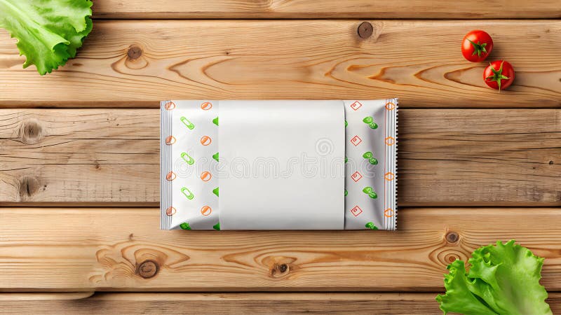A Patterned Snack Wrapper with a Blank White Label Sits on a Wooden ...
