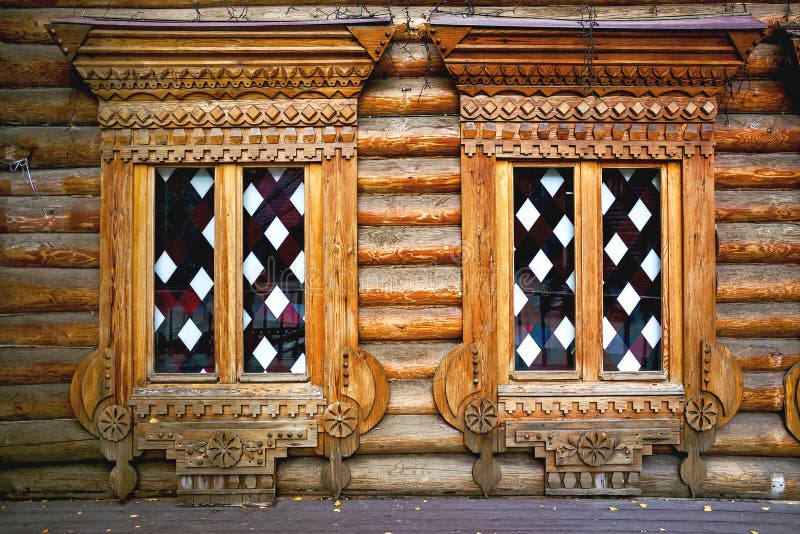 Patterned Windows in the Old Russian Log Hut. Well-developed Wood ...