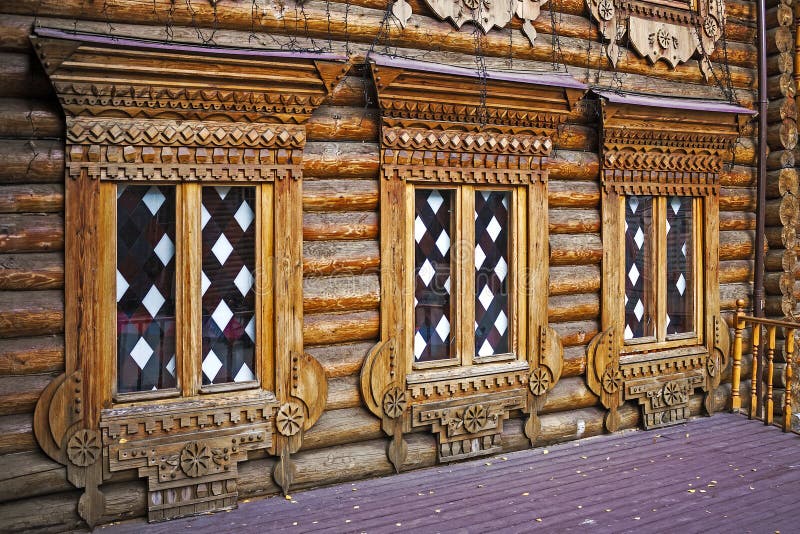 Patterned Windows in the Old Russian Log Hut. Well-developed Wood ...
