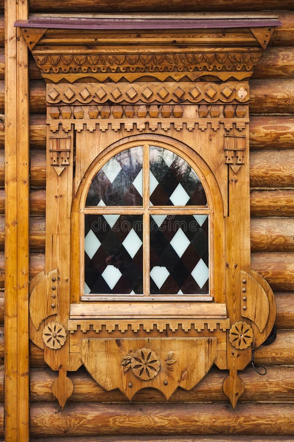 Patterned Windows in the Old Russian Log Hut. Well-developed Wood ...