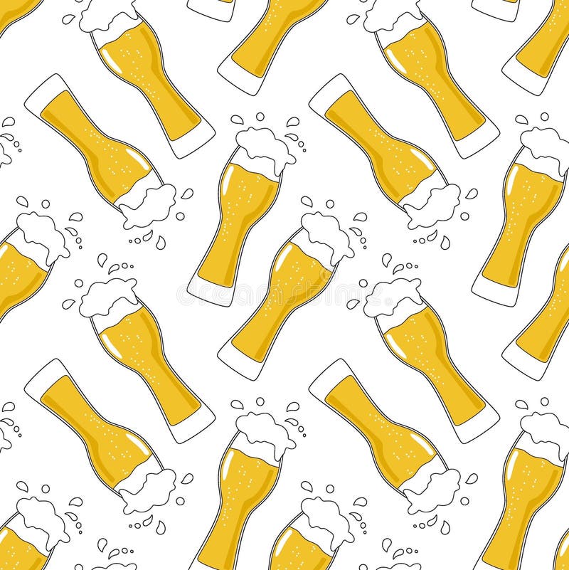 Patterning of Draft Beer Mugs with Foam on Yellow Background ...