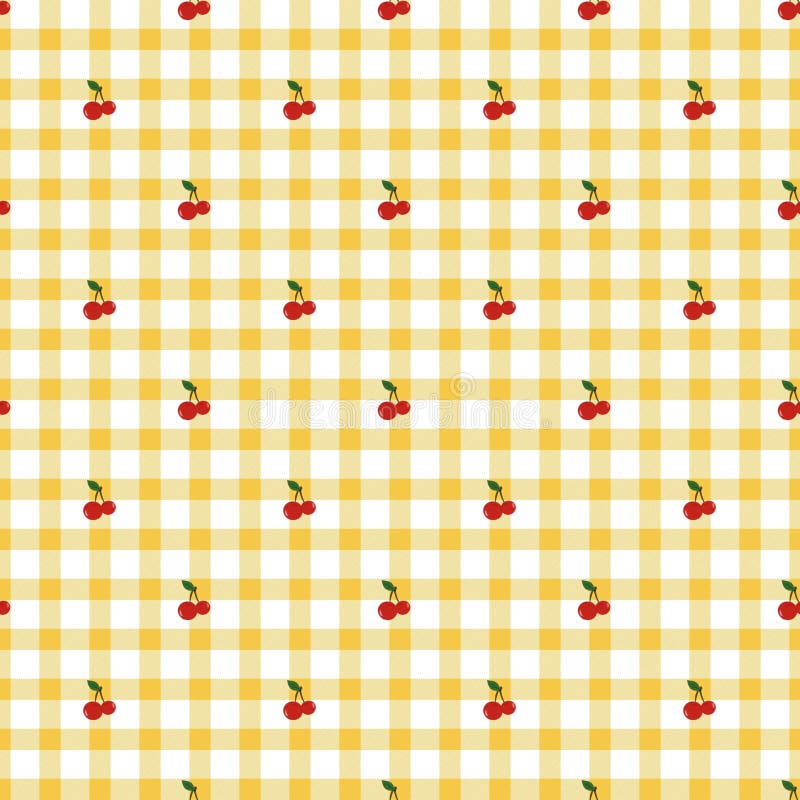 Gingham Seamless Pattern, Yellow, White and Cherry Fruit Drawing ...
