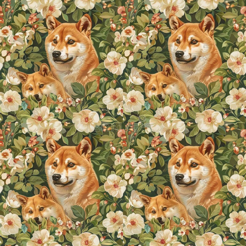 Shiba Inu Dog and Flower Pattern Stock Illustration - Illustration of ...