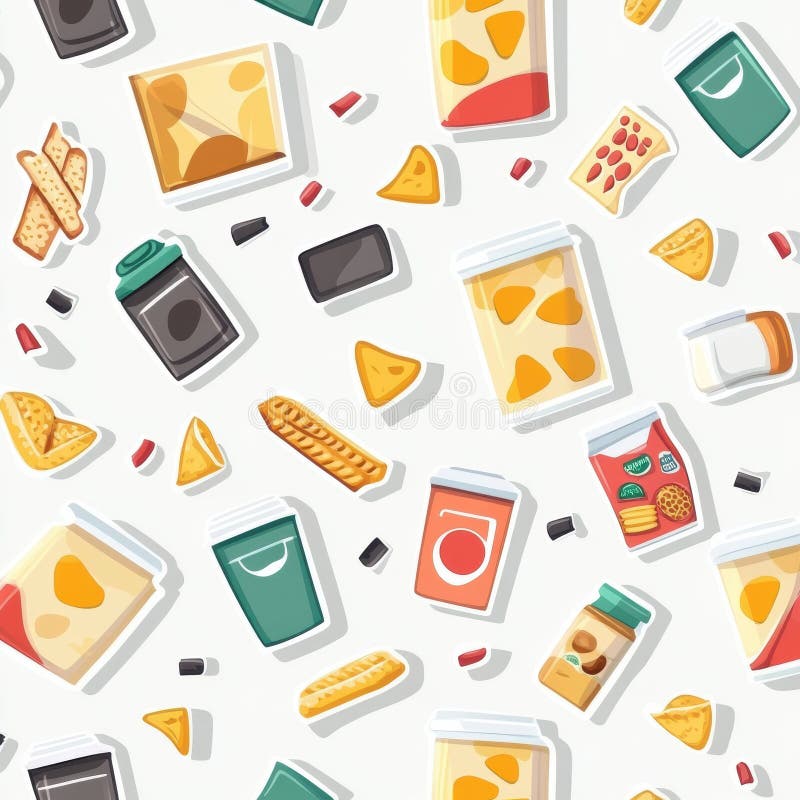 Patterns of Assorted Food Product Stickers Including Cartons, Chips ...