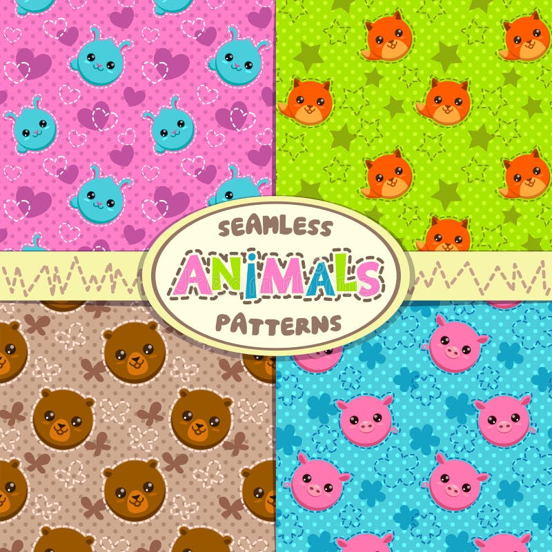 Patterns with Funny Animal Faces Stock Illustration - Illustration of ...
