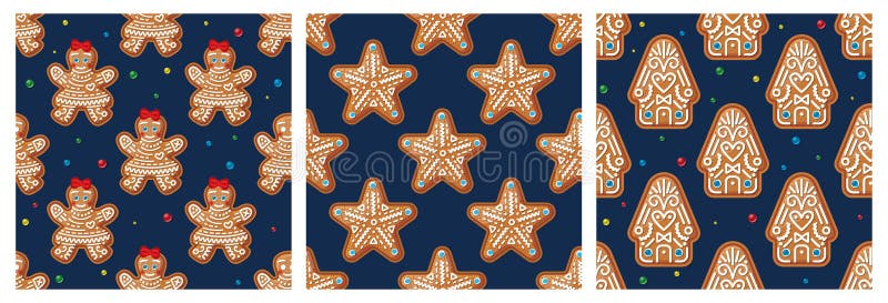 Patterns with Gingerbread House, Woman and Star on Blue Stock ...