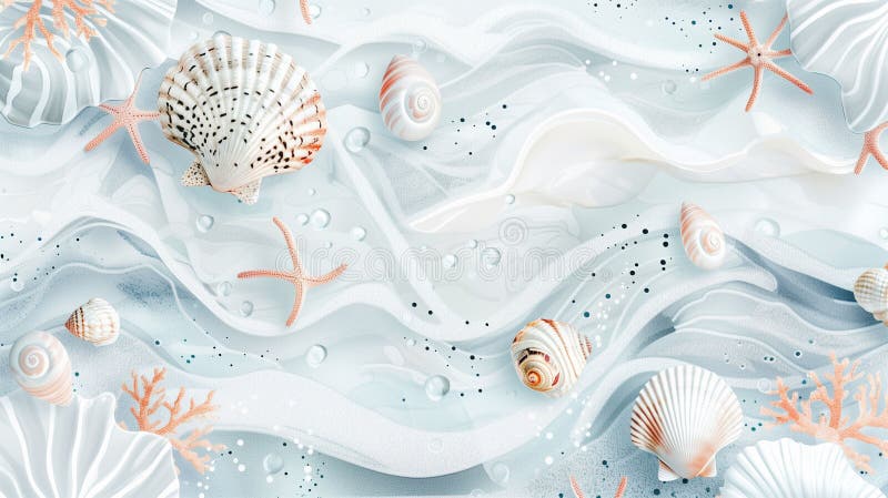 Patterns of Ocean Waves Featuring Intricate Seashells and Starfish on a ...