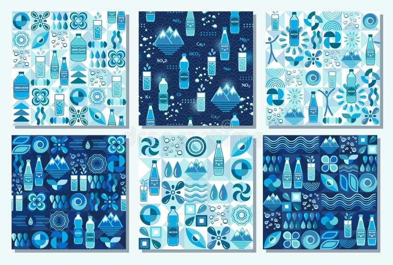 Patterns with Water Icons in Flat Geometric Style Stock Illustration ...