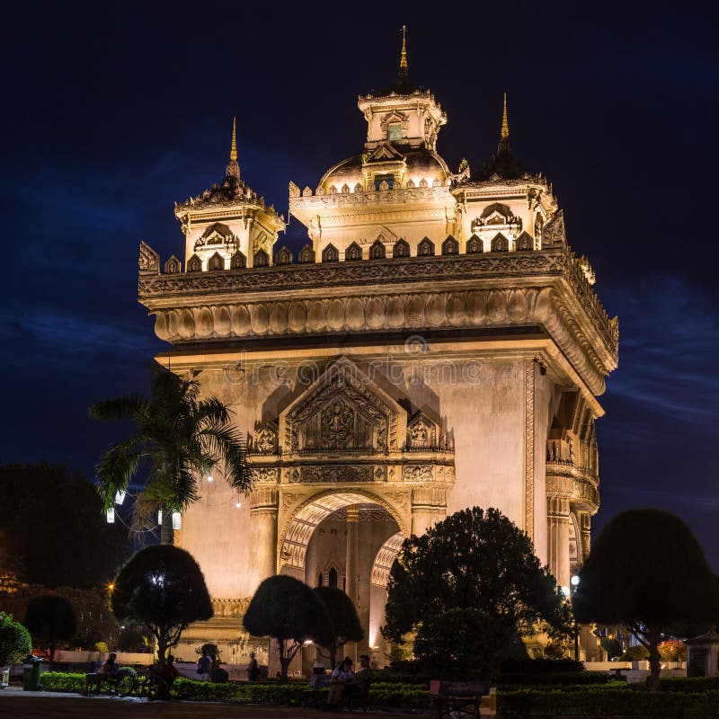 Patuxai Monument at Night in Vientiane Stock Photo - Image of design ...