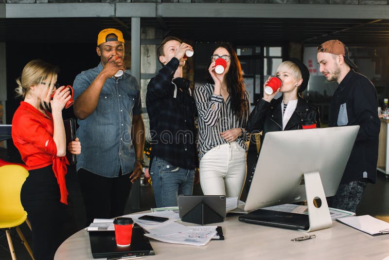 Pause for Relax at Work. Happy Work Team during Break Time in Light ...