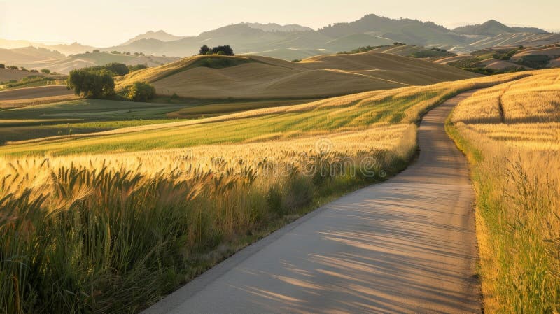 A Paved Bike Path Leading through Rolling Hills of Golden Wheat Fields ...
