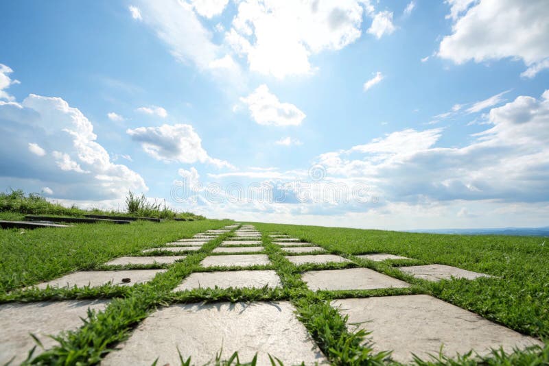 Paved Grass Pathway with Sky and Clouds Stock Illustration ...
