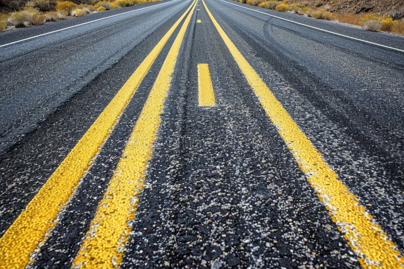 A Paved Highway with Double Yellow Lines and Rumble Strips Stretches ...