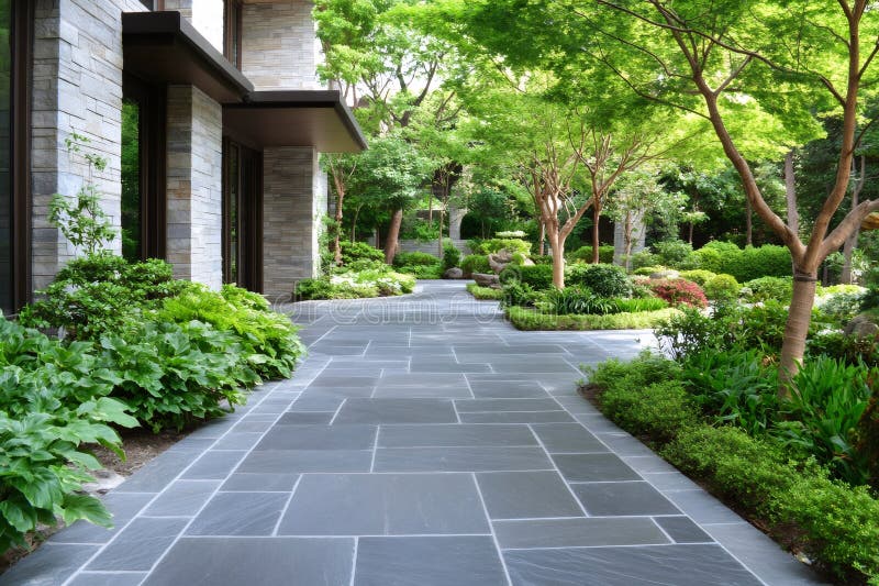 Paved Path Going through a Luxurious Green Garden Stock Illustration ...