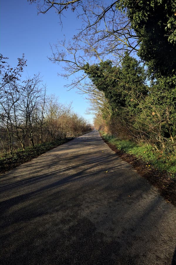 Paved Path Bordered by a Field and a Stream of Water with a Pylon Afar ...