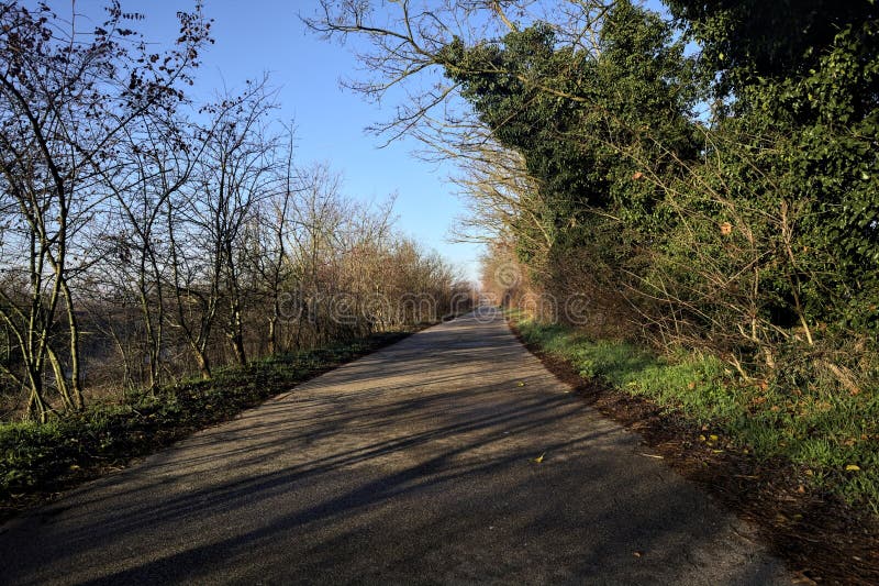 Paved Path Bordered by a Field and a Stream of Water with a Pylon Afar ...