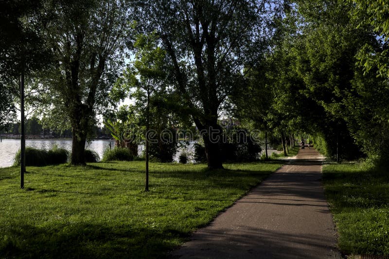 Paved Path in a Park by the Shore of a Lake at Sunset Stock Image ...