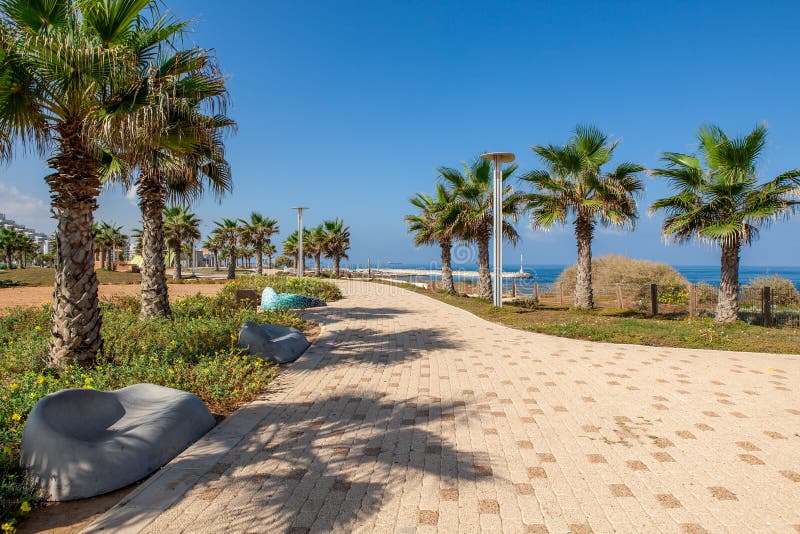 Paved Promenade Along Mediterranean Sea. Stock Photo - Image of israel ...