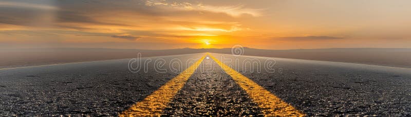 Paved Road Stretching into the Horizon at Sunset, with Yellow Lines ...