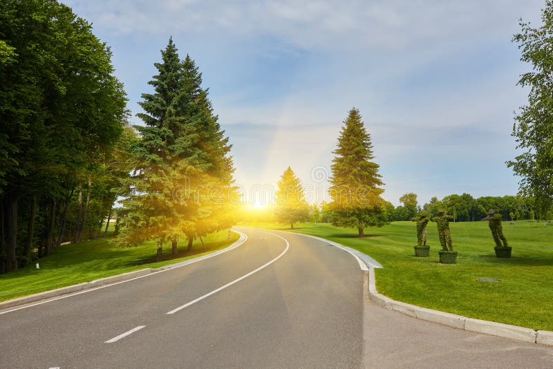 The Paved Road Up the Side of the Trees, a Freight Train on a Sunny Day ...