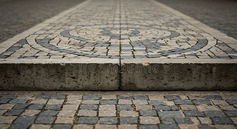Paved Surface Featuring a Decorative Mosaic with Concentric Circular ...