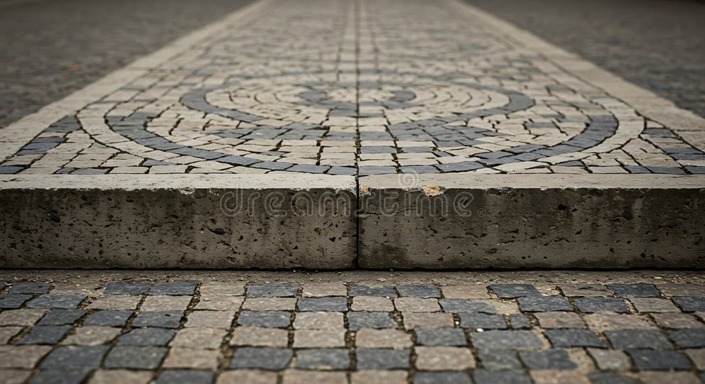 Paved Surface Featuring a Decorative Mosaic with Concentric Circular ...