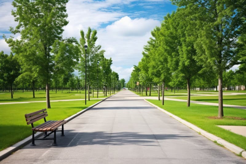 Paved Urban Walking Path Lined with Park Benches Stock Photo - Image of ...