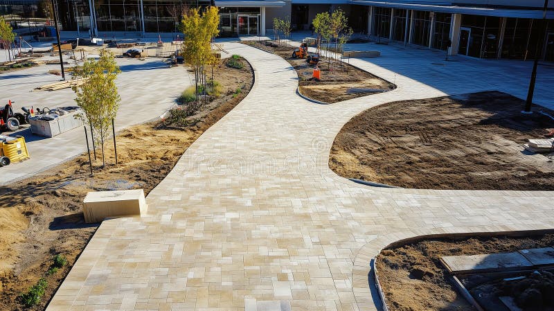 Paved Walkway with Light-colored Rectangular Tiles Curves through a ...