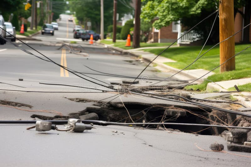 Pavement Being Damaged by Fallen Power Line Stock Image - Image of ...