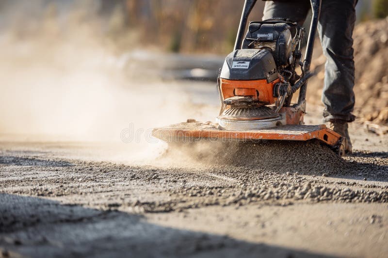 Pavement Compaction in Progress with Vibratory Plate at Construction ...
