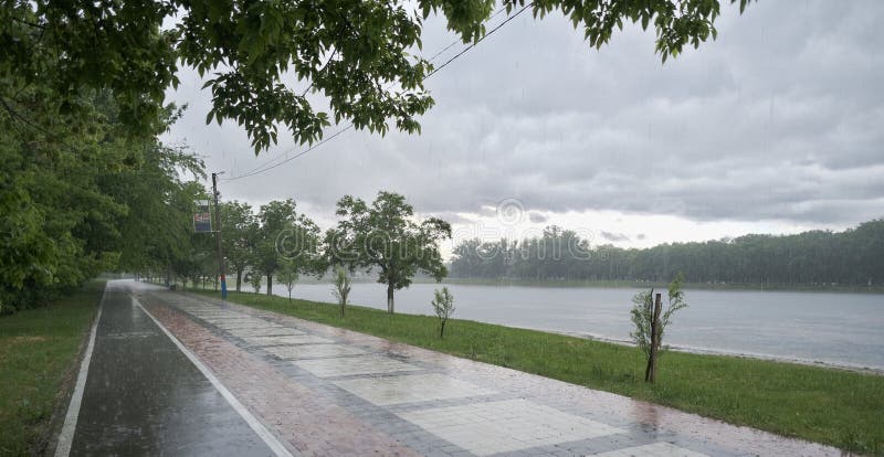 Pavement Covered with Tiles during Heavy Rain on the Shore of a Lake ...