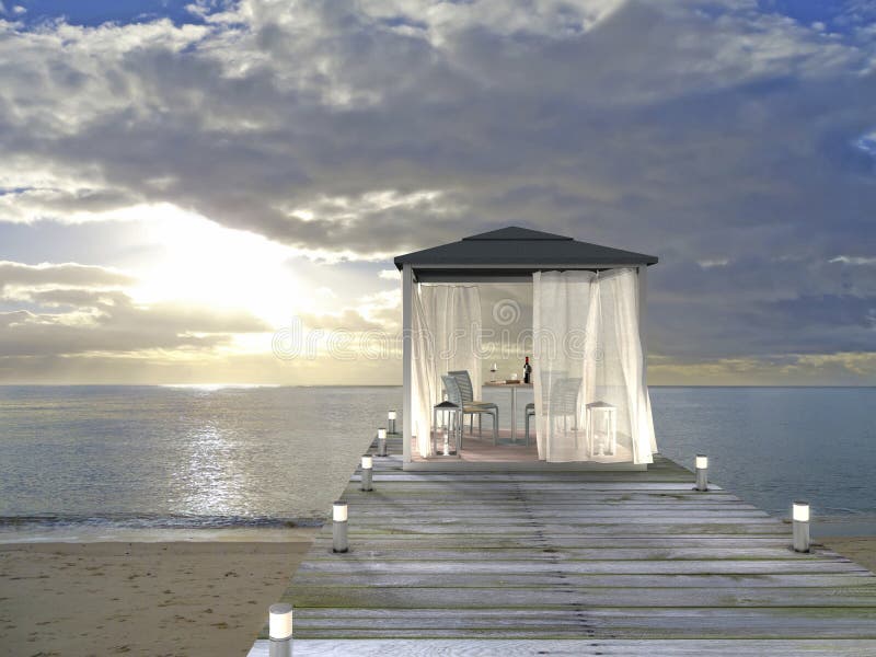 Pavilion, beach and sunset stock image. Image of canopy - 49251481