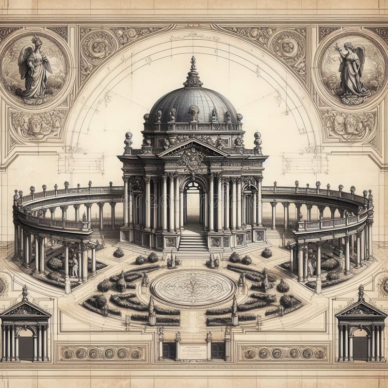 Pavilion Plan with Central Dome and Columns Stock Illustration ...