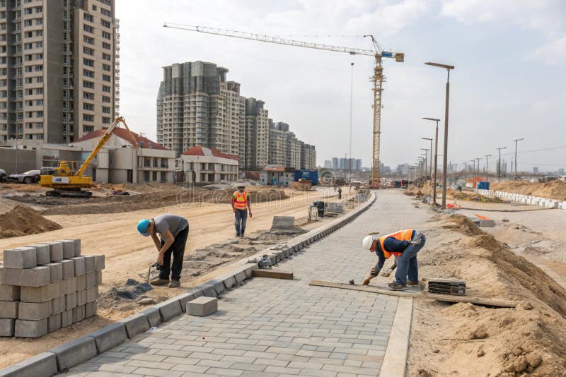 Paving Bricks Installation on Construction Site for Pedestrian Path ...