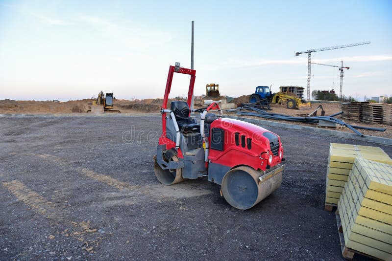 Paving Roller Machine during Road Work. Mini Road Roller at ...