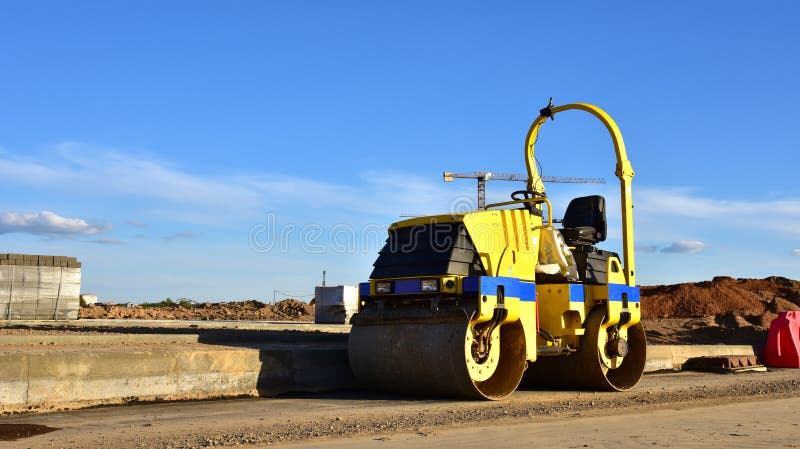 Paving Roller Machine during Road Work. Mini Road Roller at ...