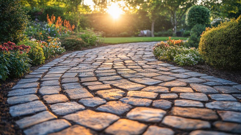 Paving Stone Path Leading through Garden with Sunset Light Stock Photo ...