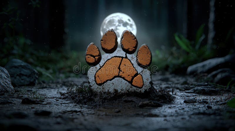 Paw Print on Muddy Ground with a Glowing Moon in the Background Stock ...