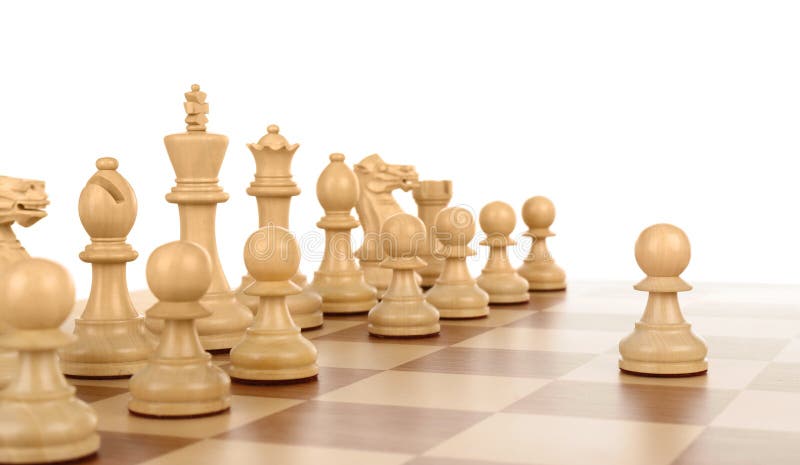 Pawn in Front of Other Chess Pieces on Wooden Board Against White ...