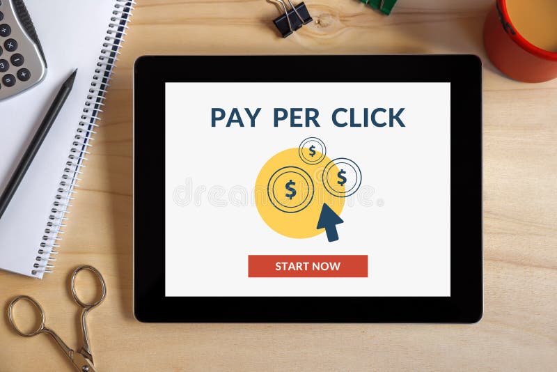 Pay Per Click Concept on Tablet Screen with Office Objects Stock Image ...