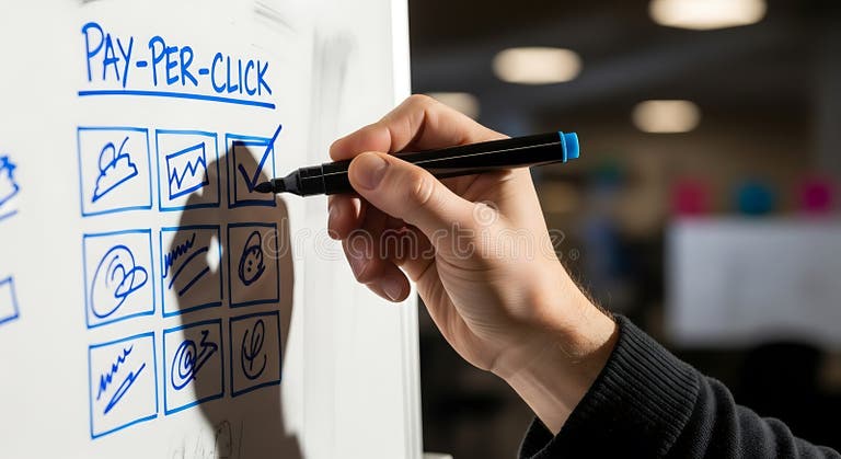 Pay Per Click Marketing Strategy Handwritten on Whiteboard with Check ...