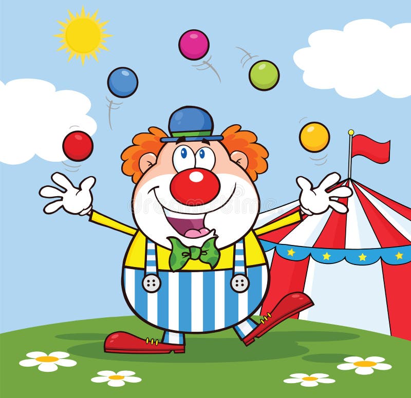 Payaso Cartoon Character Juggling Con Las Bolas En Front of Circus Tent ...