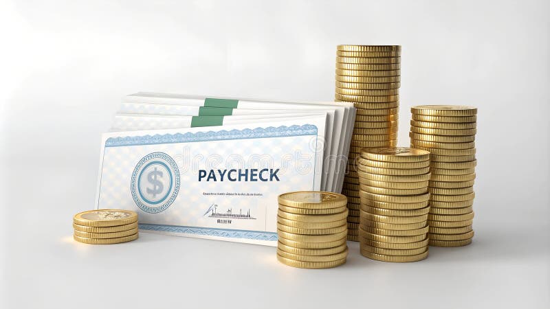 Paycheck and Coins Stacked, Symbolizing Financial Success and Earnings ...