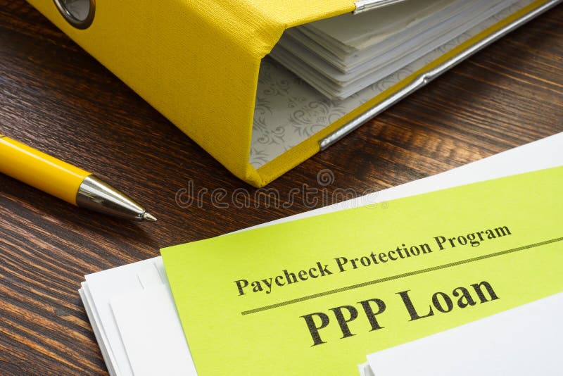 Paycheck Protection Program or PPP Loan Papers and Yellow Folder. Stock ...