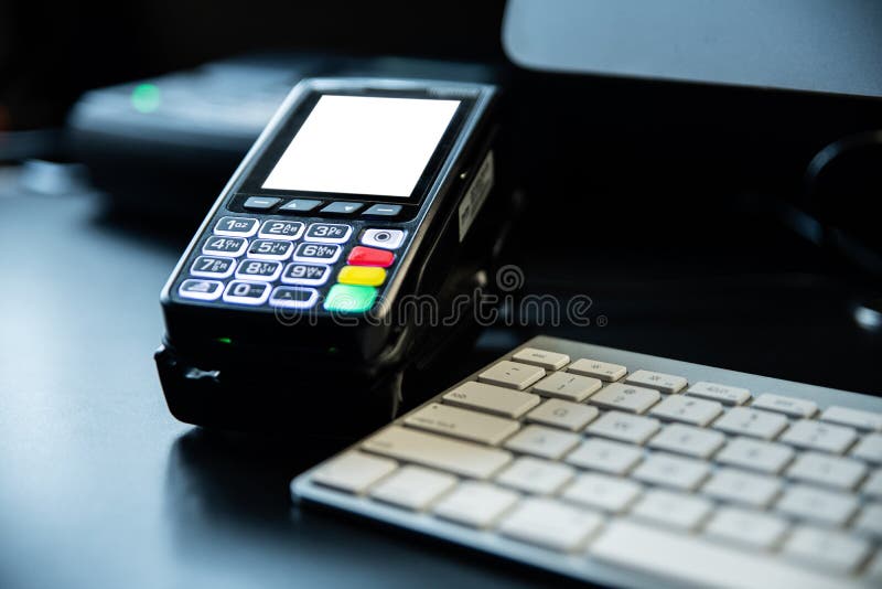 Payment Card Terminal on the Desk with an Empty Space for a Message ...